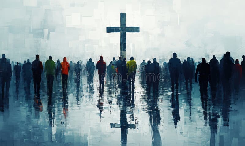 Silhouetted Figures Walking Towards a Large Cross in a Misty ...