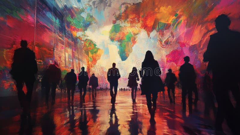 Silhouetted Figures Walking Towards a Vibrant, Painted World Map Stock ...