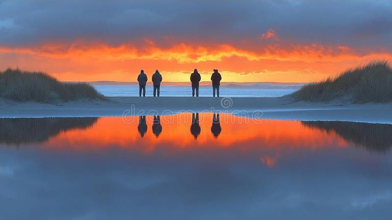 Silhouetted Figures Watching Vibrant Sunset Over Ocean Beach Reflection ...