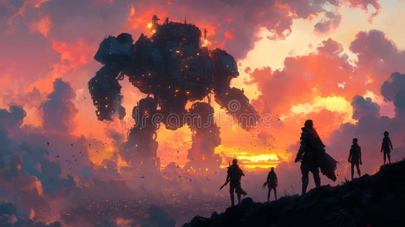 Silhouetted Figures Witnessing Giant Robot at Sunset Stock Illustration ...