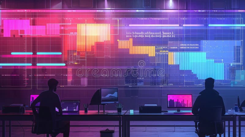 Silhouetted Figures Working on Computers with Vibrant Data ...