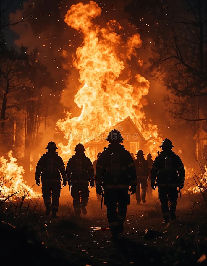 Silhouetted Firefighters Bravely Approach a Blazing House Fire at Night ...
