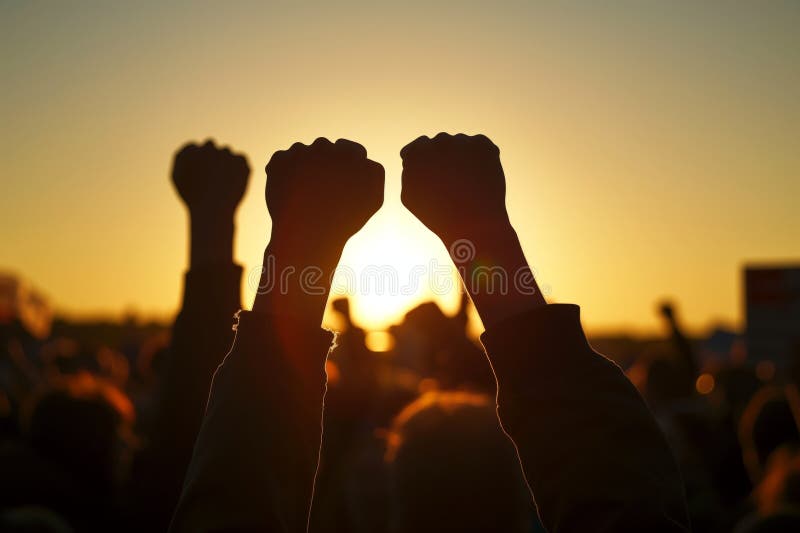Silhouetted Fists Against Sunset at Rally Stock Image - Image of ...