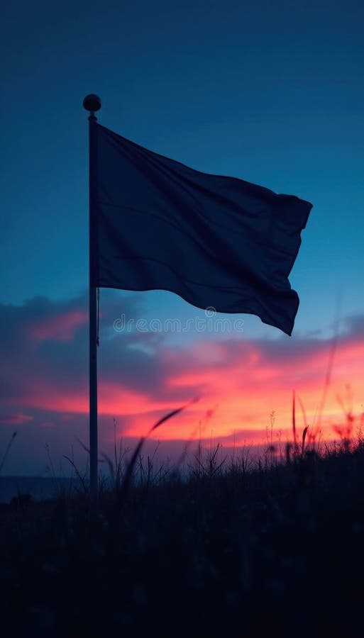 Silhouetted Flag, Deep Blue Twilight, Grassy Meadow Beneath, Design ...