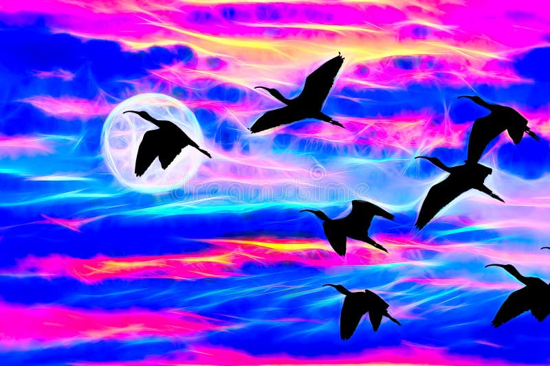 Neon Moon Birds stock photo. Image of glowing, dramatic - 184409400