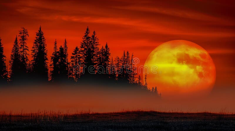 Silhouetted Forest with Full Moon and Fiery Sky Stock Illustration ...
