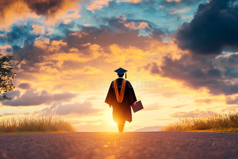 Silhouetted Graduate in a Graduation Cap Walking at Sunset on Path To ...