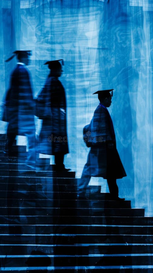 Silhouetted Graduates Ascending Stairs in Blue Abstract Setting ...