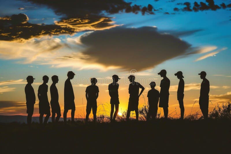 Silhouetted Group of Friends Outdoors at Sunset with Dramatic Sky Stock ...