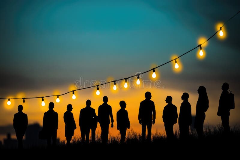Silhouetted Group Gathering Under Hanging Lights at Sunset Stock Image ...