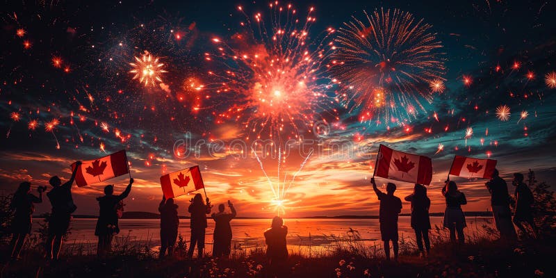 Silhouetted Group of Individuals Celebrating Canada Day with Canadian ...