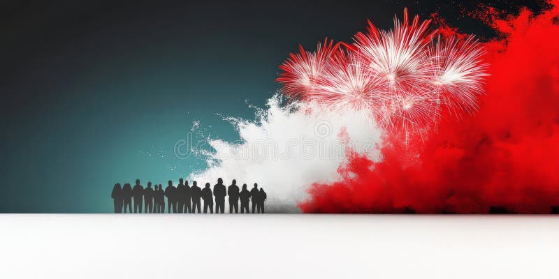 Silhouetted Group Observing Vibrant Fireworks Display with Red and ...