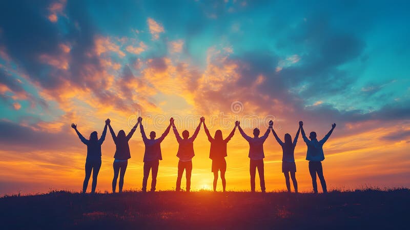 Silhouetted Group of People Holding Hands at Sunset,Celebrating Unity ...