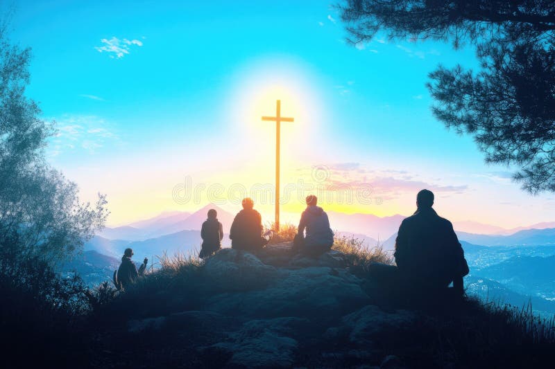 Silhouetted Group Praying at Sunrise by Cross on Hilltop Stock Photo ...