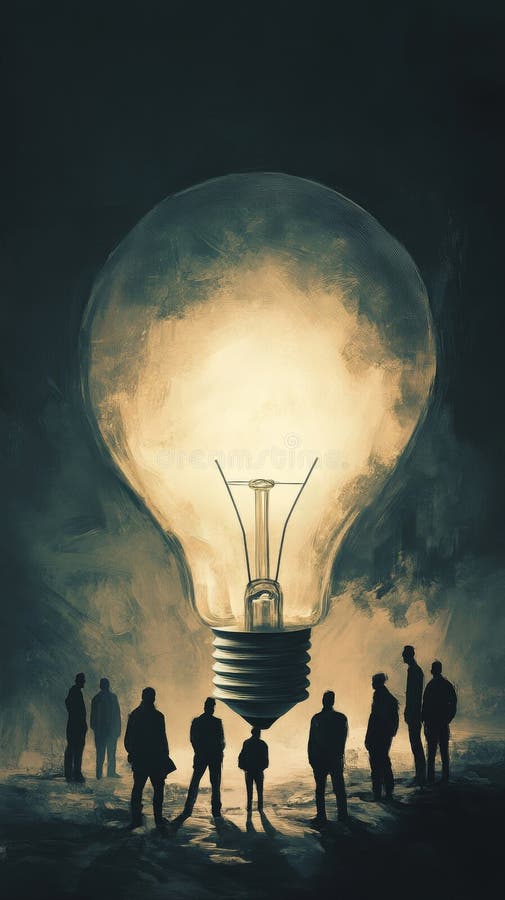 Silhouetted Group Under Large Glowing Light Bulb Stock Photo - Image of ...