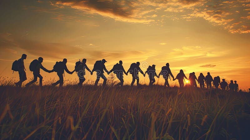 Silhouetted Group Walking in Grass Field at Sunset. Stock Image - Image ...