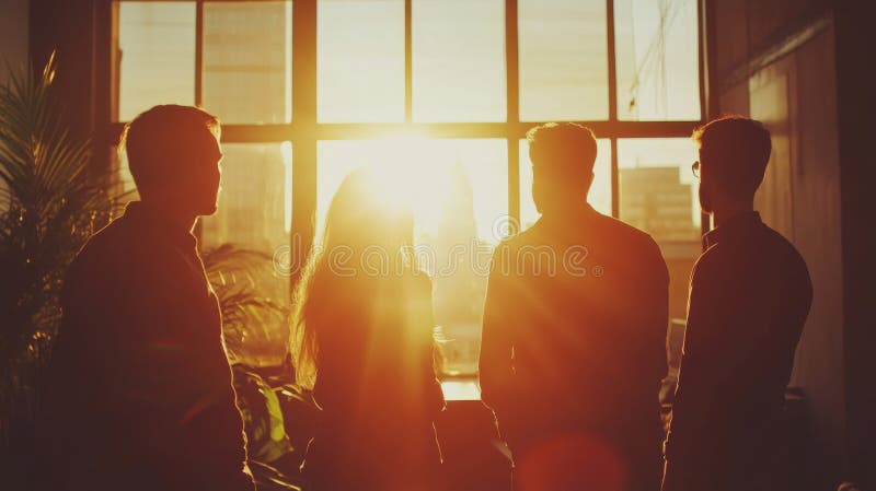 Silhouetted Group Watching Sunset through a Large Window Stock ...