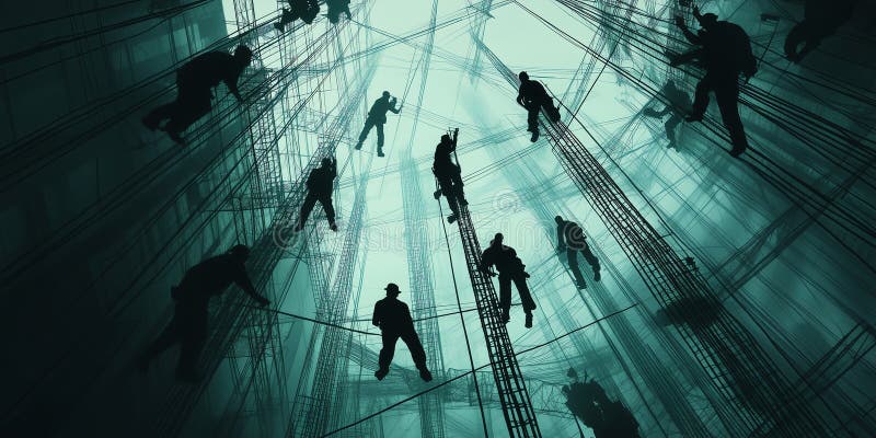 Silhouetted Group of Workers Balancing on Steel Beams at Sunset during ...