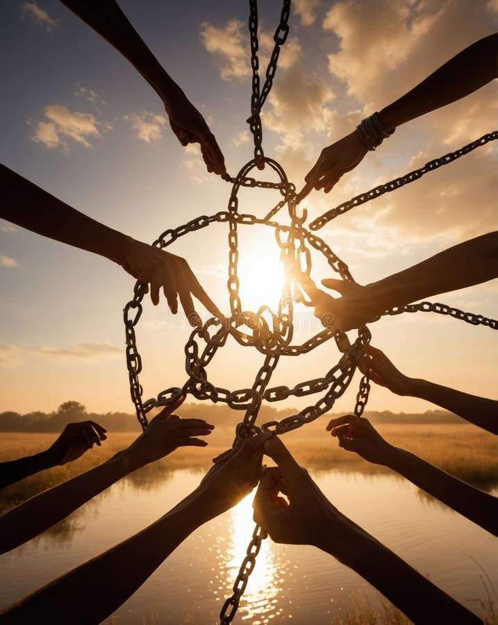 Silhouetted Hands Break Chains at Juneteenth Sunrise Stock Image ...