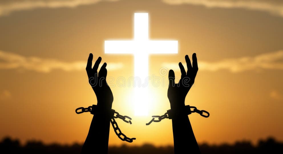 Silhouetted Hands with Broken Chains Reaching Towards a Glowing Cross ...