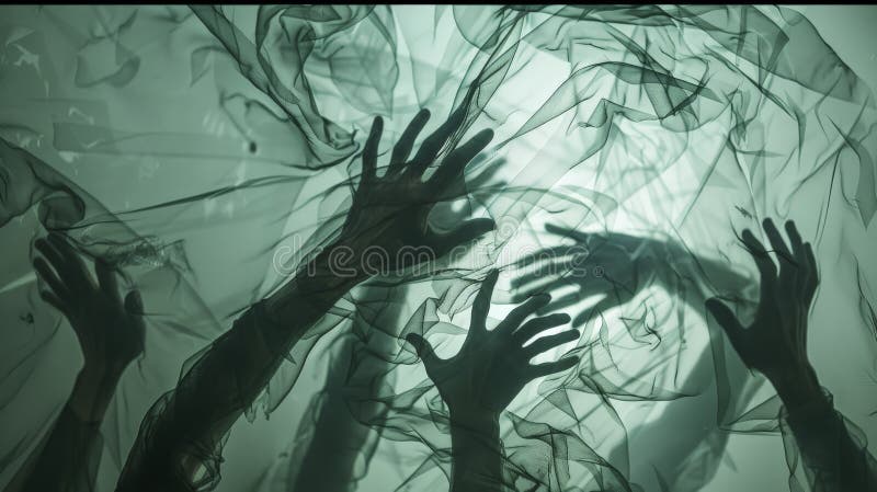 Silhouetted Hands Reaching through Translucent Fabric in Surreal Light ...