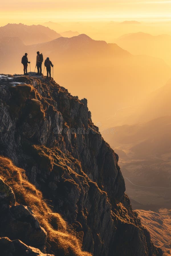 Silhouetted Hikers Stand on Mountain Summit with a Stunning Sunset ...