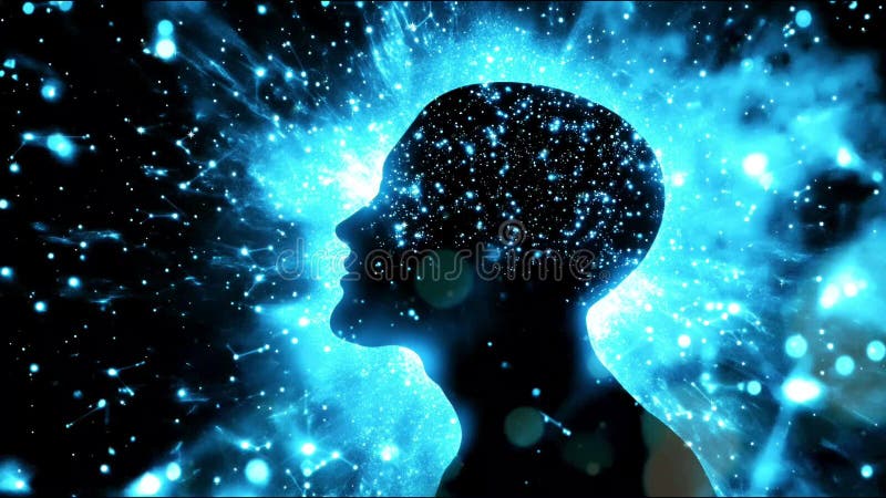 A Silhouetted Human Head is Centered on a Glowing Blue Digital ...