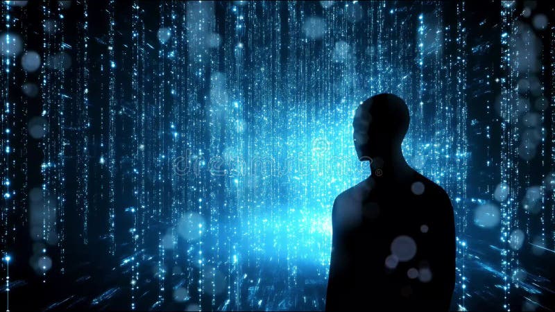 A Silhouetted Human Head is Centered on a Glowing Blue Digital ...
