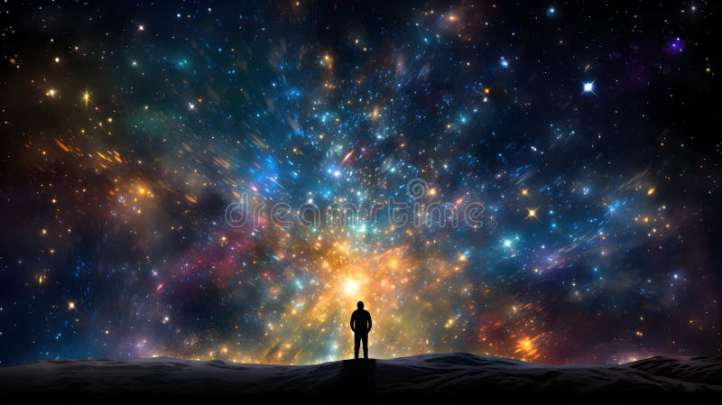 Silhouetted Individual Contemplating Expansive Universe, Symbolizing ...