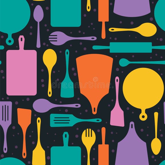 Silhouetted Kitchenware Seamless Pattern. Repeated Utensils Shapes ...