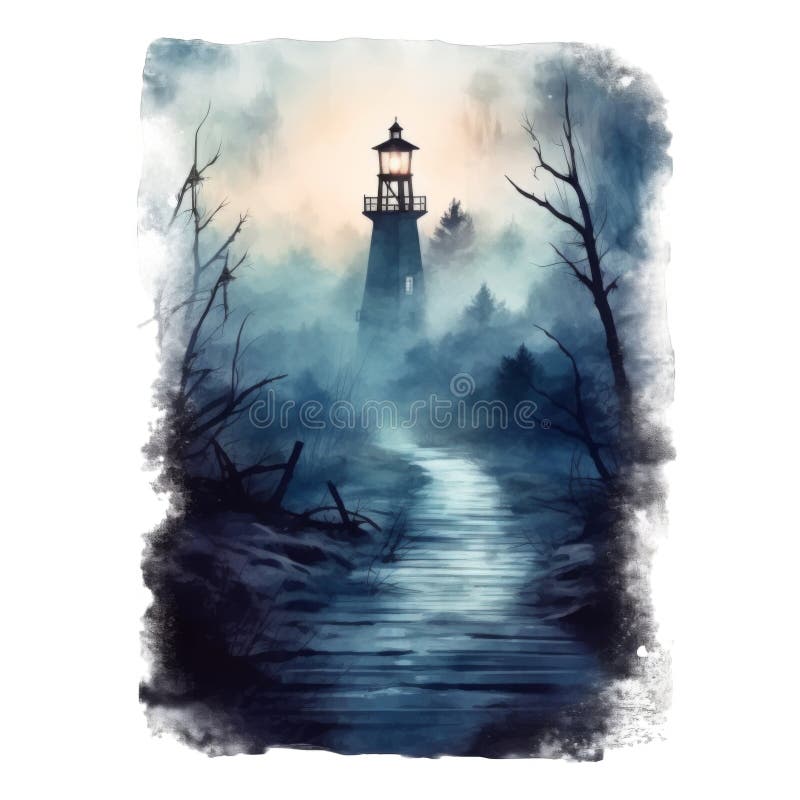 A Silhouetted Lighthouse in a Foggy Forest Stock Illustration ...