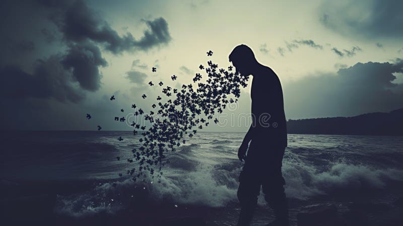Silhouetted Man Dissolving into Puzzle Pieces on Stormy Beach Stock ...