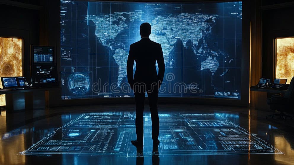 Silhouetted Man Observing World Map Display in High-Tech Control Room ...