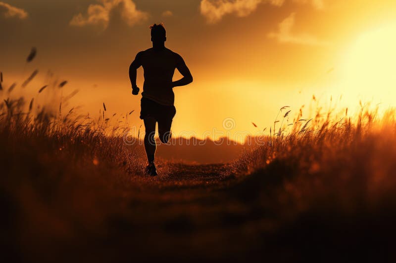 Silhouetted Man Running on a Trail Against a Serene Sunrise Stock ...
