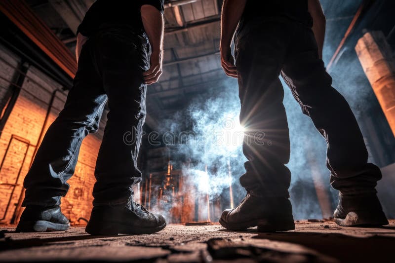 Silhouetted Men in Industrial Warehouse with Dramatic Lighting and ...