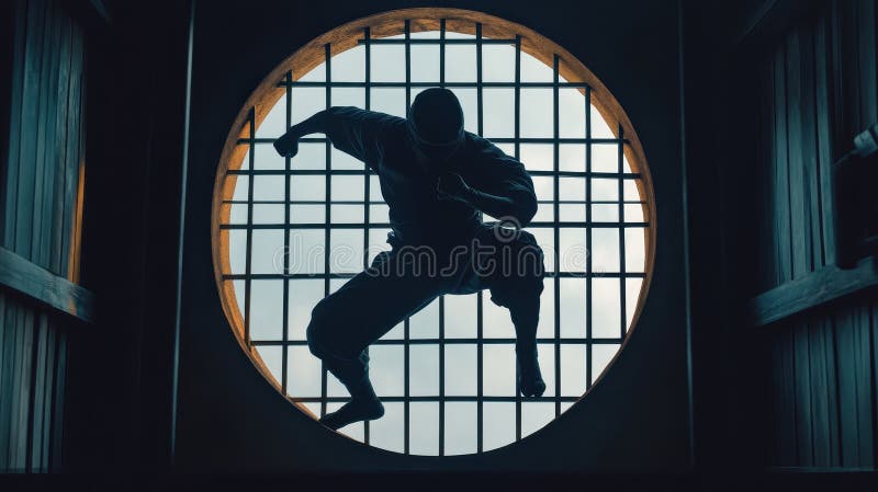 A Silhouetted Ninja Poses Dramatically in a Circular Window ...