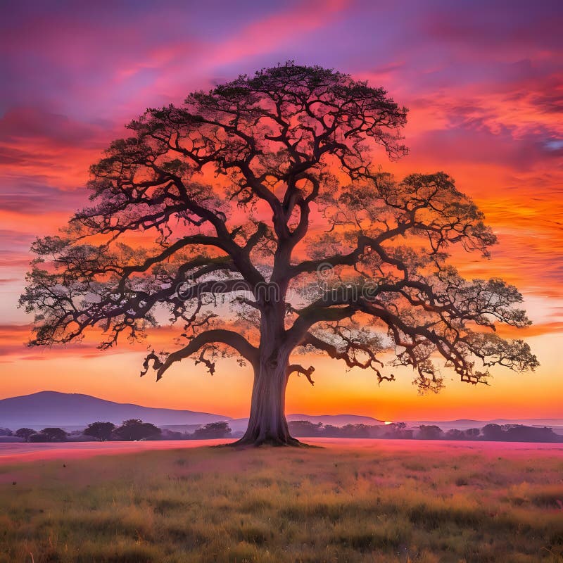 Silhouetted Oak Tree in a Vast Field Under a Beautiful Sunset Sky Stock ...