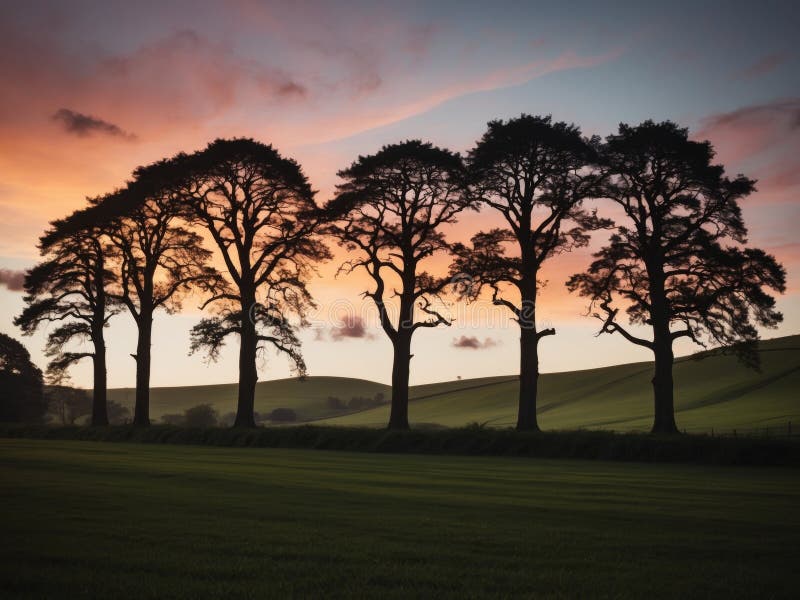 Silhouetted Oak Trees at Sunset on Rolling Countryside. Stock ...