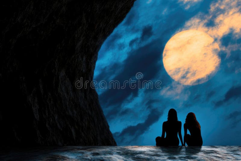 Silhouetted Pair Watching Full Moonrise Over Ocean Cave Reflection ...