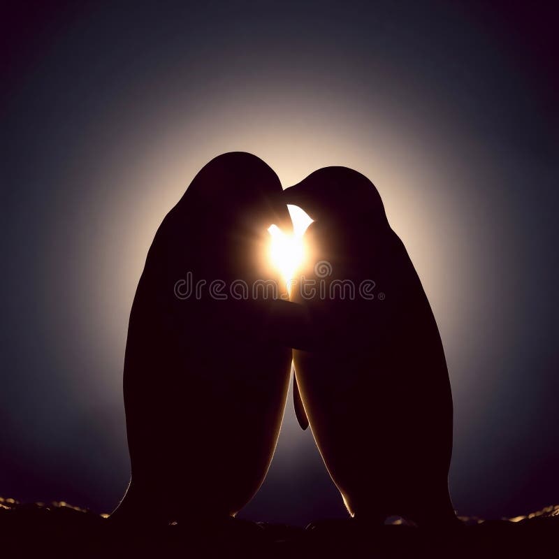 Silhouetted Penguins Hugging, Backlighting in Rich Burgundy and Deep ...