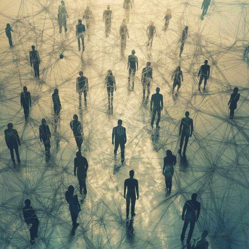 Silhouetted People Connected by Lines on Reflective Surface Stock Photo ...