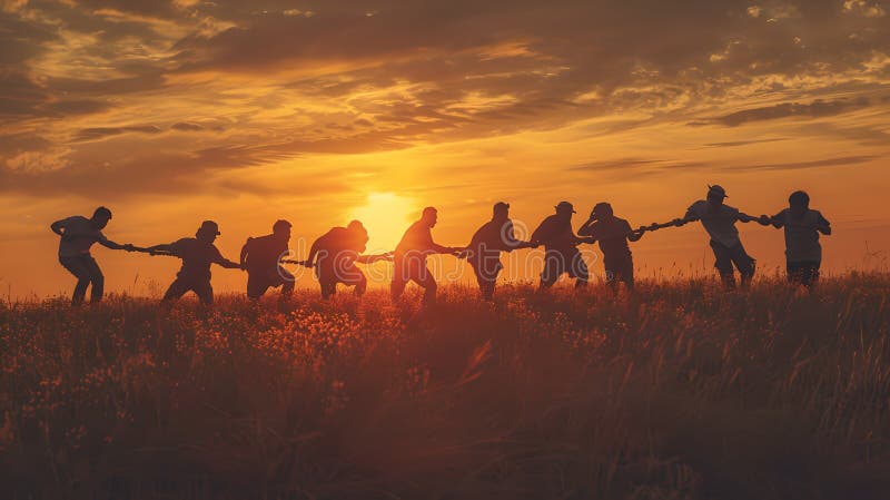 Silhouetted People Holding Hands Tug of War at Sunset. Teamwork, Unity ...