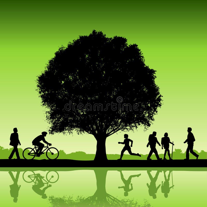Silhouetted People Under Tree Stock Vector - Illustration of lake ...