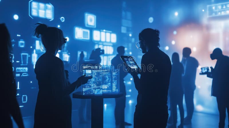 Silhouetted People Using Digital Devices in a Futuristic Tech ...