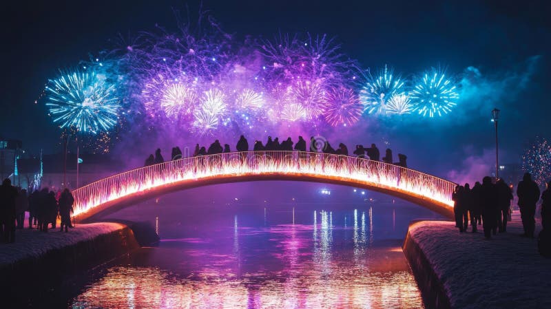 Silhouetted People Watching Fireworks Over a Bridge Stock Illustration ...