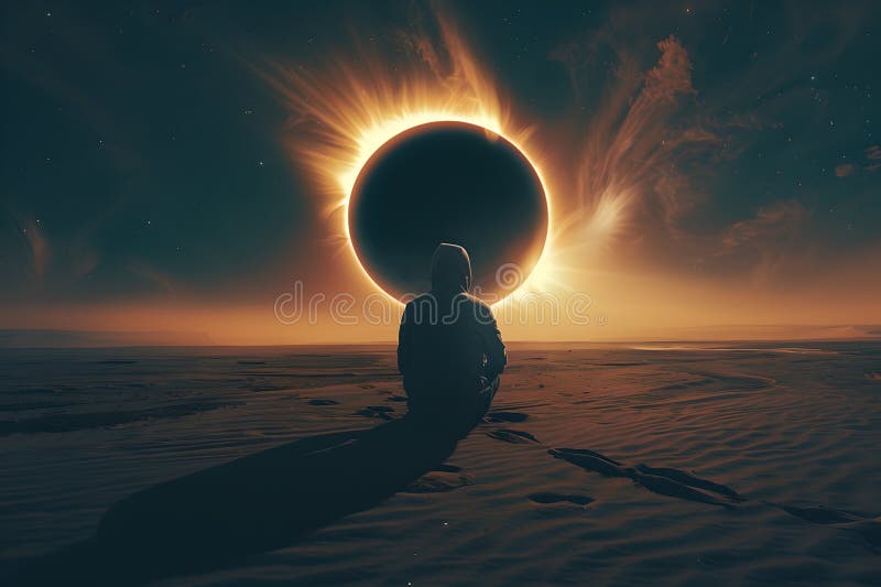 Silhouetted Person Gazing at a Solar Eclipse in a Desert Landscape ...