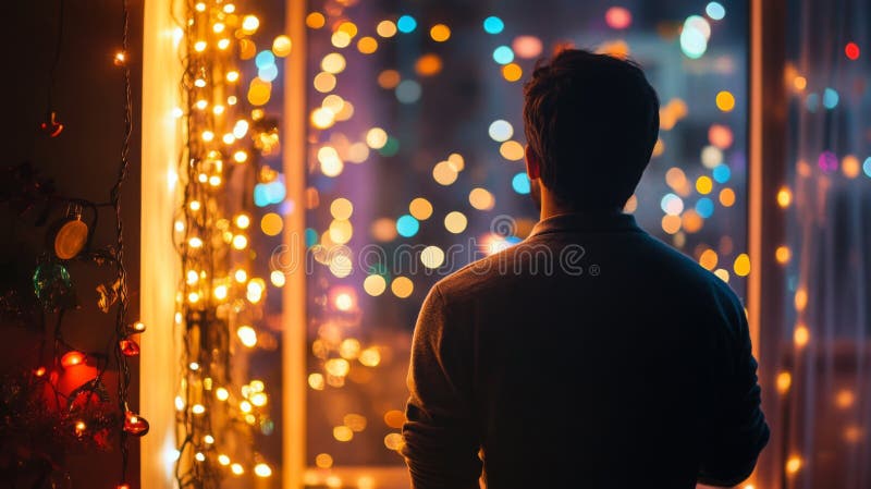 Silhouetted Person Looking Out Window at Blurred City Lights Stock ...