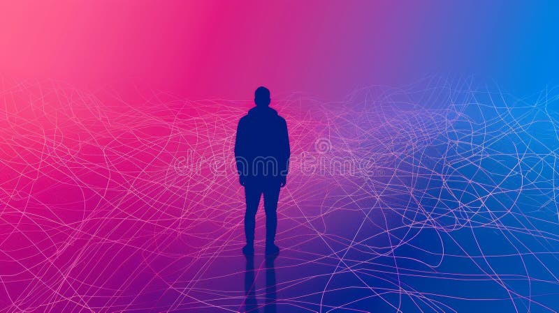 Silhouetted Person Standing with Abstract Neon Light Lines Stock Image ...