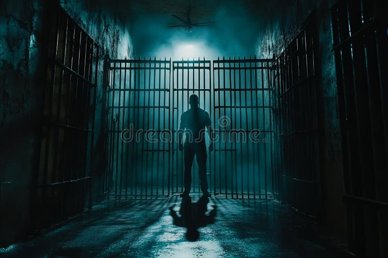 Silhouetted Person Standing in Dark Prison Corridor with Dim Light and ...
