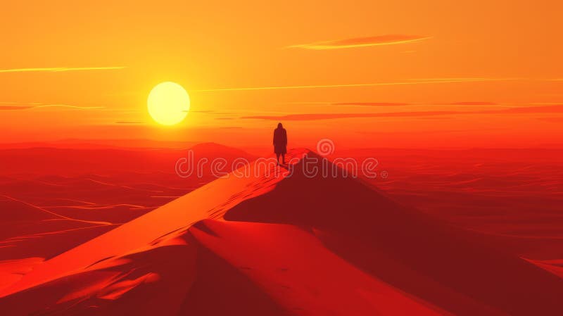 Silhouetted Person Walking on Sand Dune Under a Large Sun at Sunset ...